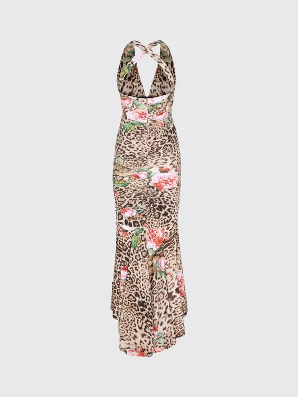Roberto Cavalli Animal Print Jersey Long Sheath Dress With Halter Neck