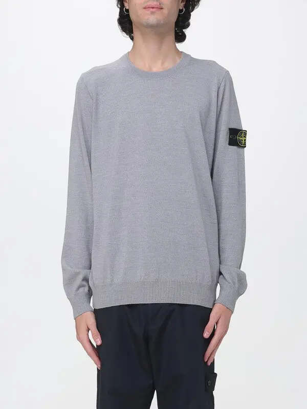 Stone Island 100% Virgin Wool Crew Neck Sweater With Compass Logo - Mouse Grey