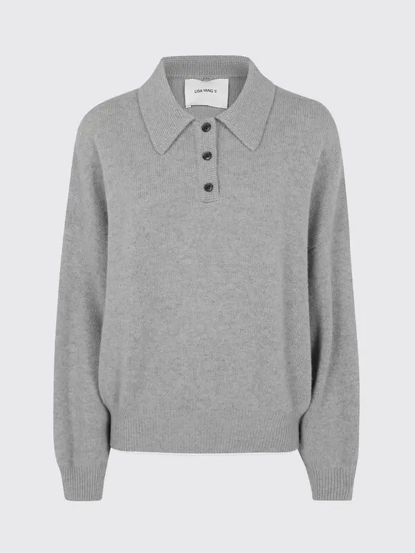 LISA YANG Pure Cashmere Relaxed Fit Long-sleeved Knit Polo - Grey