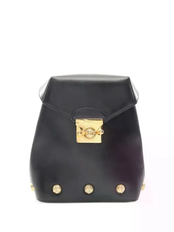 FERRAGAMO Leather Heel Motif Studded Backpack - Black