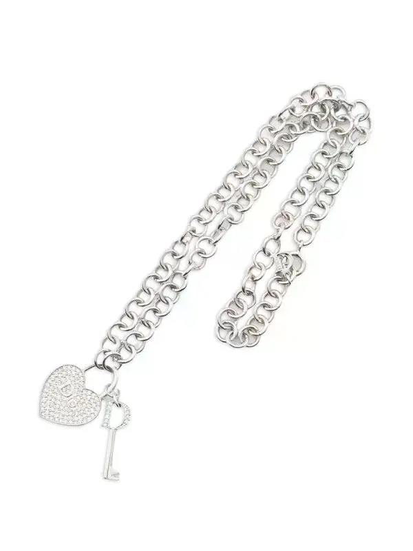 Dior Crystal Heart Padlock And Key Necklace - Silver