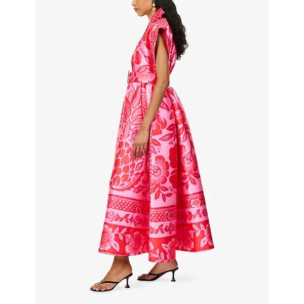 ARAM Floral-print Belted Satin Maxi Dress
