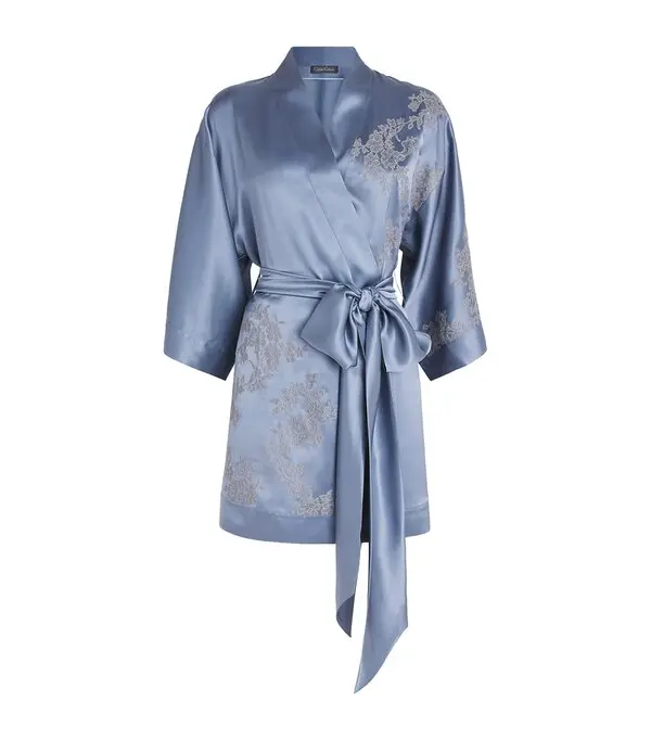 Carine Gilson Short Silk Robe With Lace Detailing - Blue