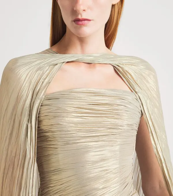 MARMAR HALIM Metallic Pleated Cape Gown