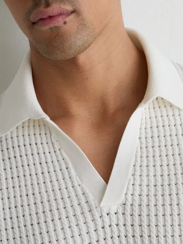 REISS Micro-cable Knit Open-collar Polo
