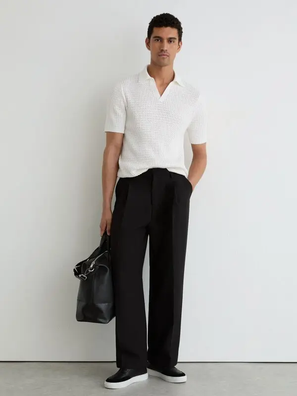 REISS Micro-cable Knit Open-collar Polo