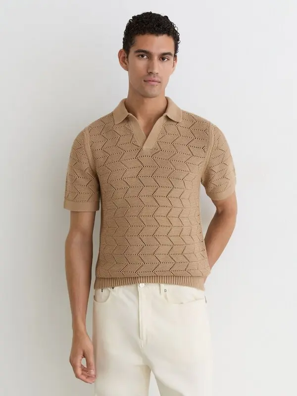 REISS Pointelle-knit Open-collar Polo Jumper