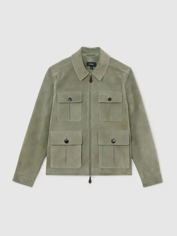REISS Suede Zip-through Jacket With Four Pockets