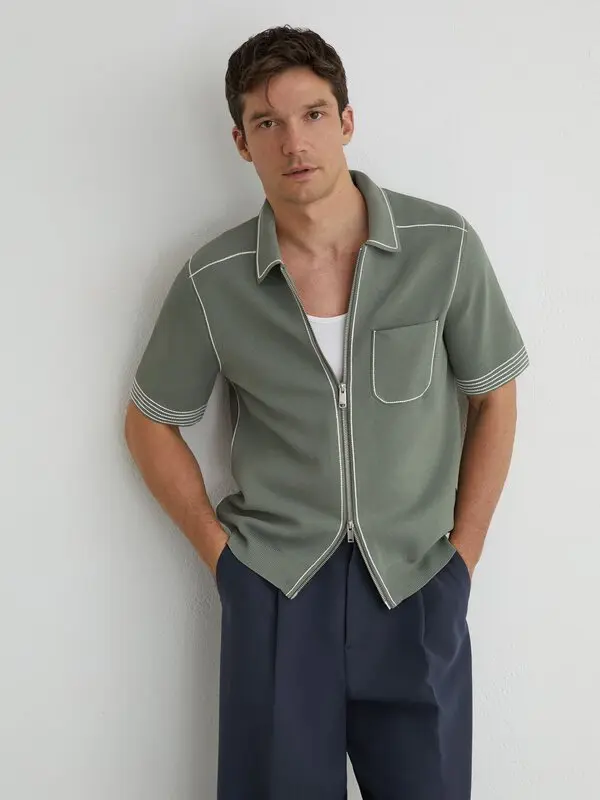 REISS Stitch-detail Zip-through Knit Shirt - Sage