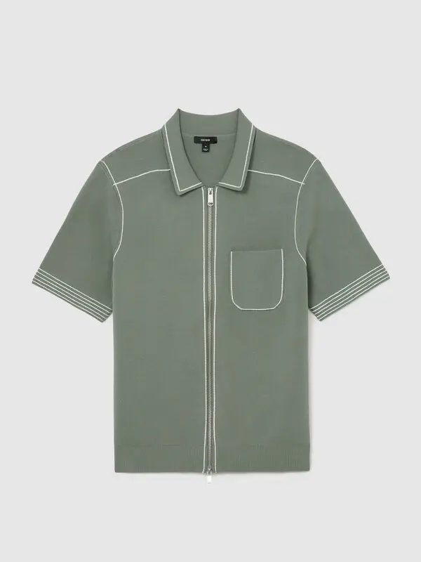 REISS Stitch-detail Zip-through Knit Shirt - Sage