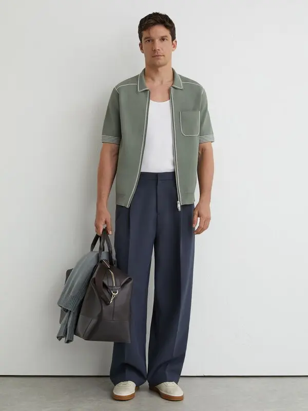 REISS Stitch-detail Zip-through Knit Shirt - Sage