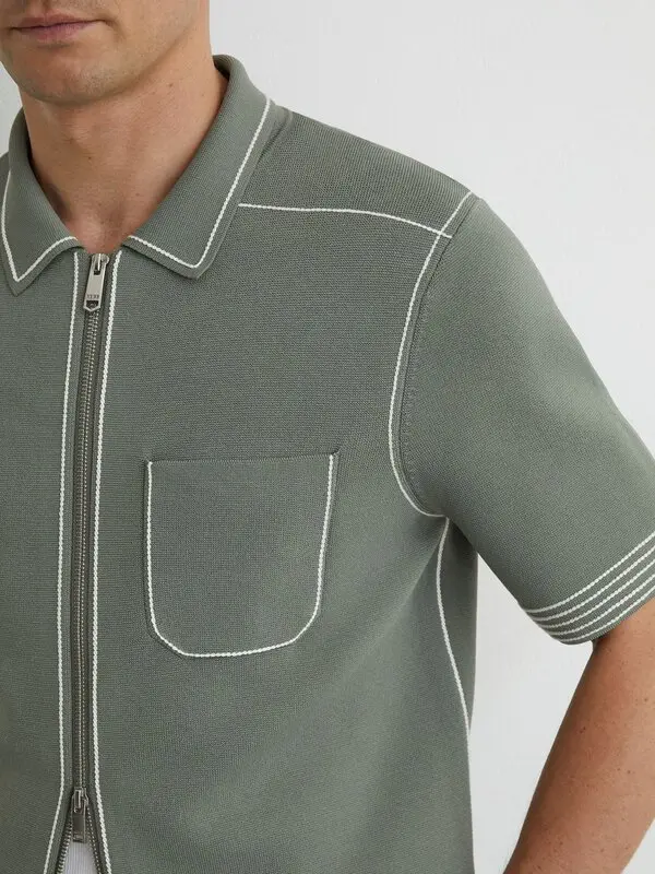 REISS Stitch-detail Zip-through Knit Shirt - Sage