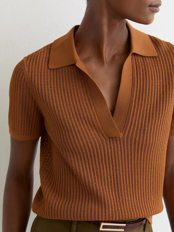 REISS Open-stitch Knitted Polo Top