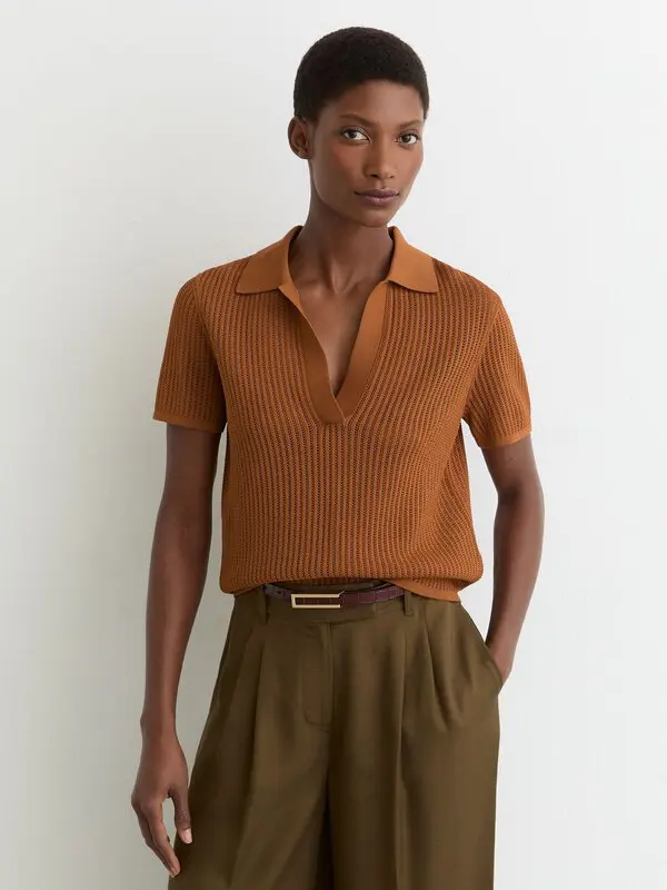 REISS Open-stitch Knitted Polo Top