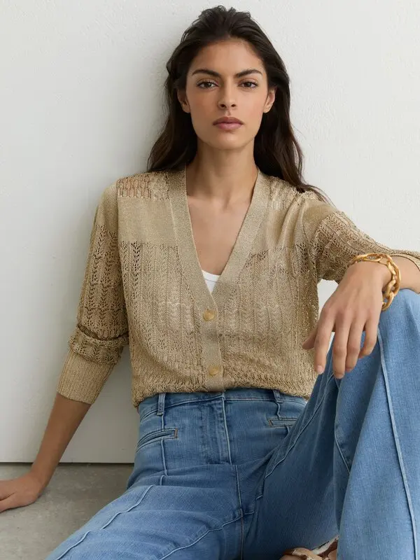 REISS Metallic Pointelle-knit Cardigan