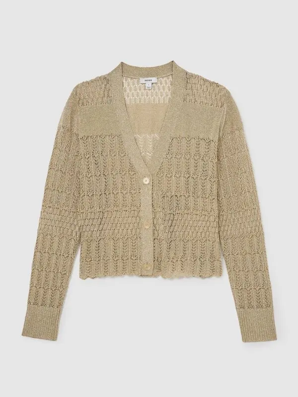 REISS Metallic Pointelle-knit Cardigan