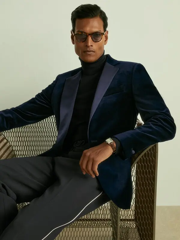 REISS Ace Blue Cotton Single Breasted Velvet Blazer
