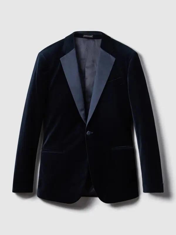 REISS Ace Blue Cotton Single Breasted Velvet Blazer