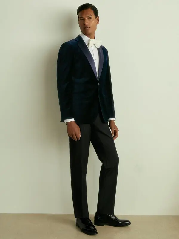 REISS Ace Blue Cotton Single Breasted Velvet Blazer