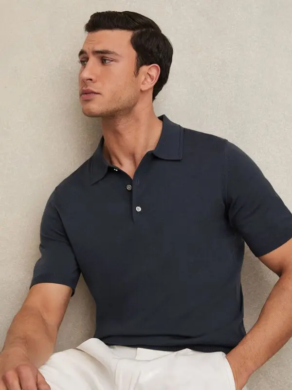 REISS Merino Wool Short-sleeve Polo Shirt - Midnight Navy