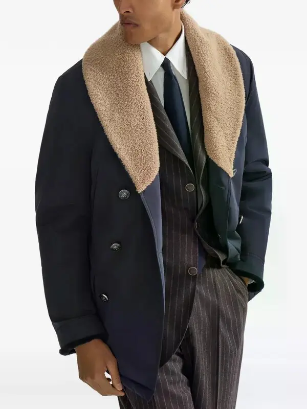 Brunello Cucinelli Bonded Nylon Double-breasted Coat With Shearling Lining