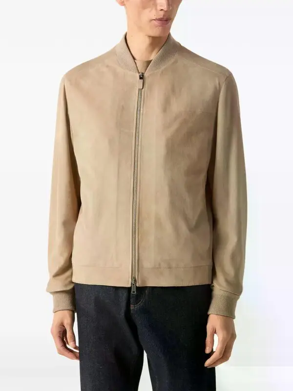 Zegna Suede Bomber Jacket With Ribbed Trims