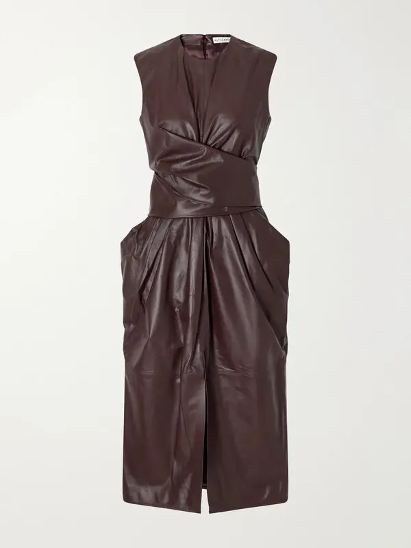 Altuzarra Tippi Gathered Tie-detailed Leather Midi Dress - Burgundy