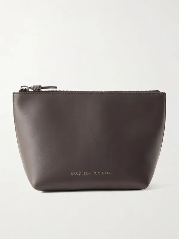 Brunello Cucinelli Bead-embellished Leather Cosmetic Case - Brown