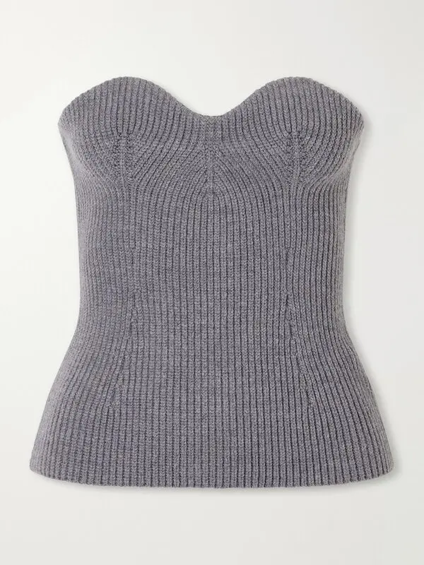 JIL SANDER Strapless Ribbed Wool-blend Bustier Top