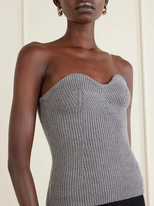 JIL SANDER Strapless Ribbed Wool-blend Bustier Top