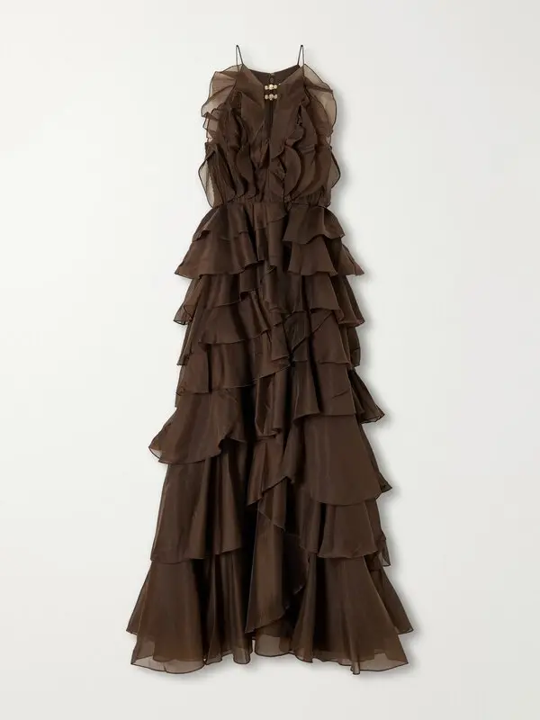 Aje Cleo Ruffled Organza Gown - Brown