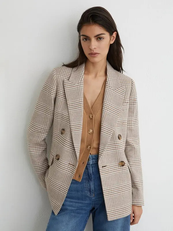 REISS Double-breasted Check Blazer In Cotton-linen