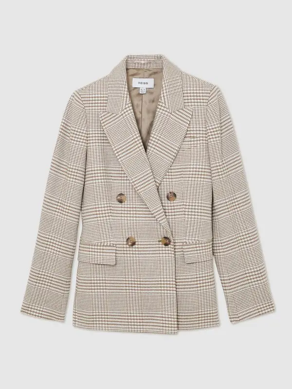 REISS Double-breasted Check Blazer In Cotton-linen