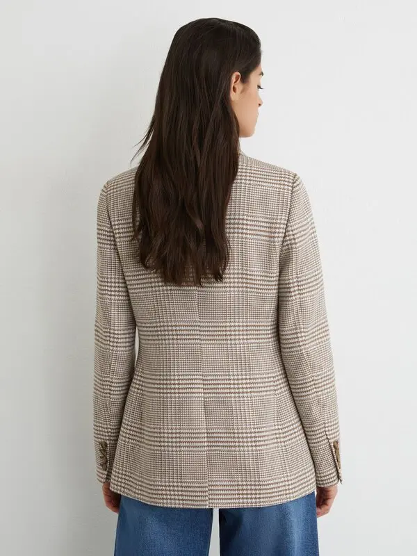 REISS Double-breasted Check Blazer In Cotton-linen