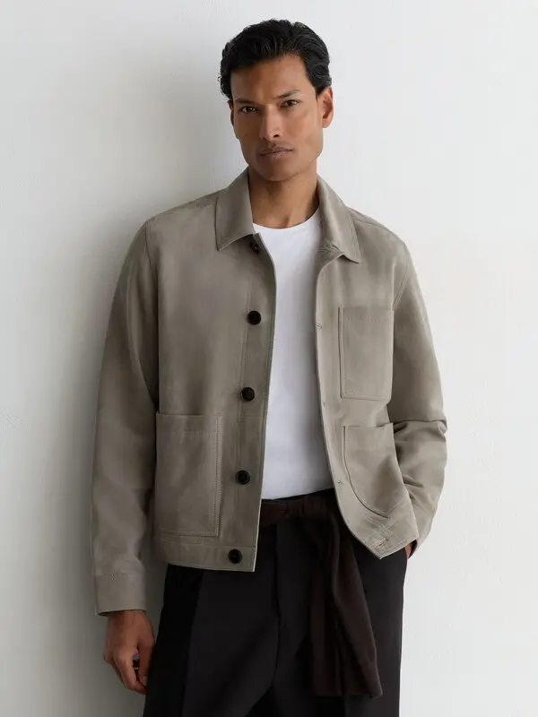 REISS Suede Button-through Trucker Jacket - Grey