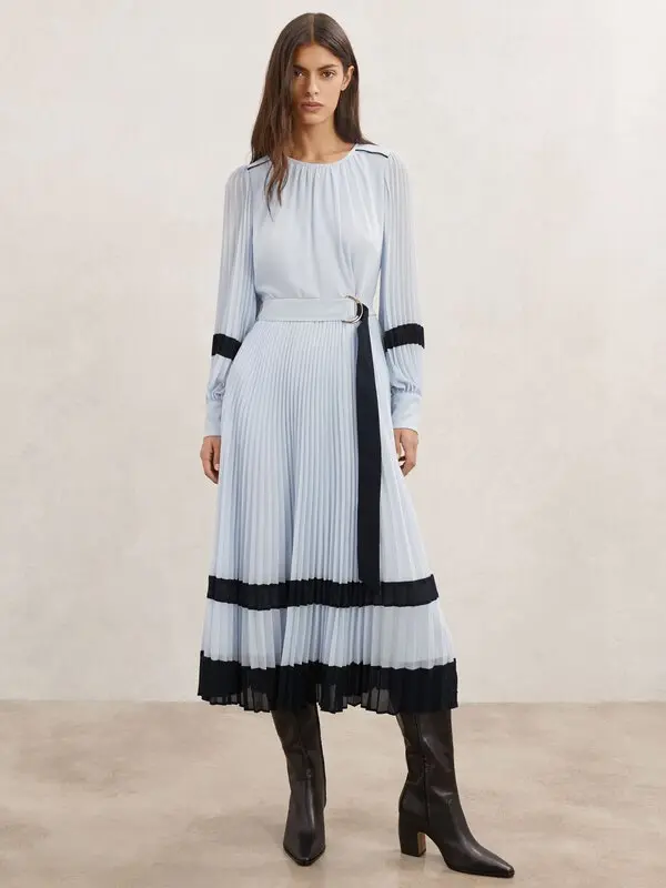 REISS Colour Block Pleated Midi Dress