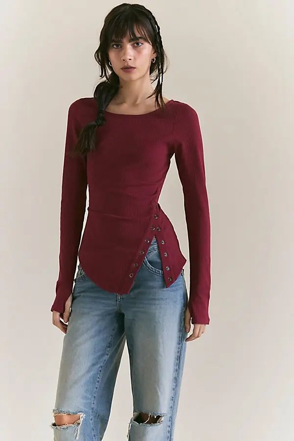 Free People Asymmetrical Button Long Sleeve Top - Cabernet