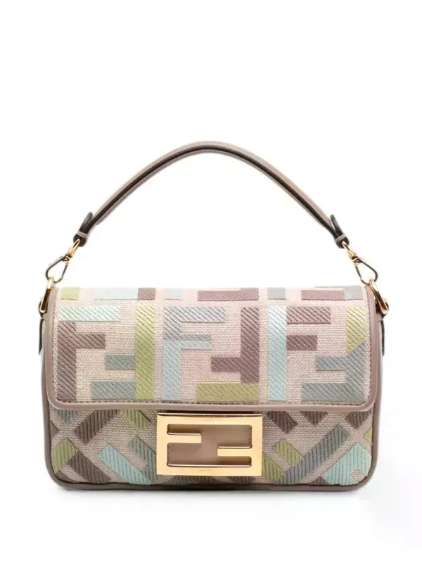 Fendi 2010-2026 Mini Zucca Embroidered Canvas Baguette Satchel - Neutrals