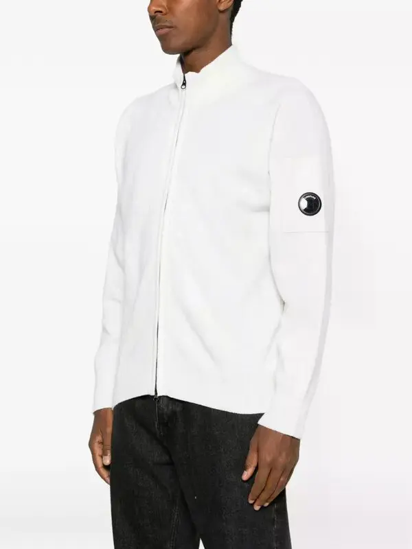 C.P. COMPANY Knitted Zip-up Sweater With Signature Lens Detail - White
