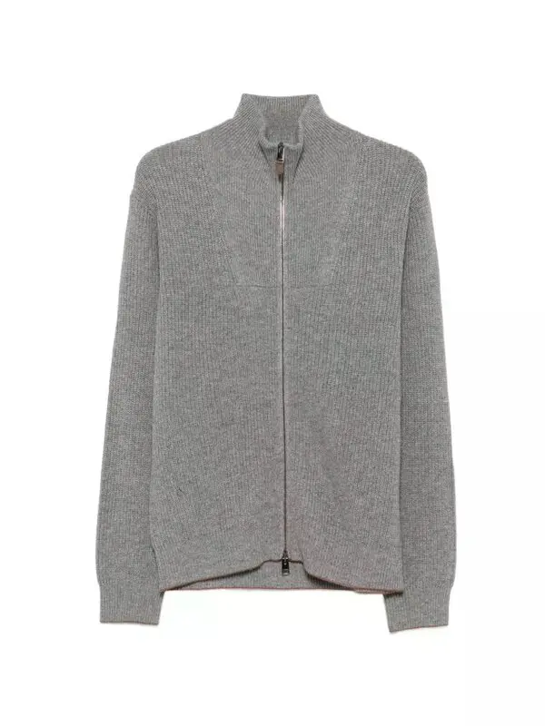 Canali Ribbed Knit High Neck Zip-up Cardigan - Grey