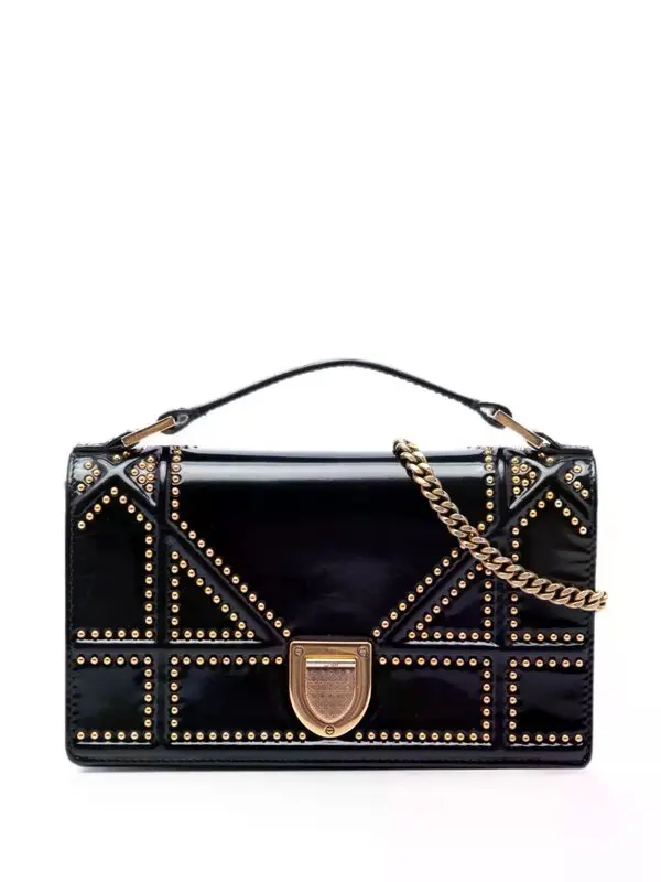 Dior 2017 Studded Patent Diorama Top Handle Wallet On Chain Satchel - Black