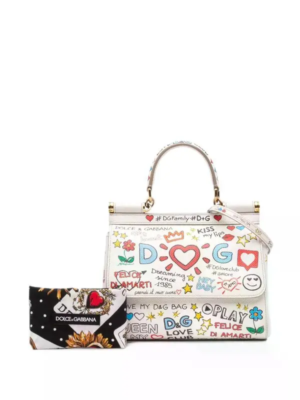 Dolce & Gabbana 2010-2026 Small Dauphine Graffiti Printed Leather Miss Sicily Satchel - Multicolour