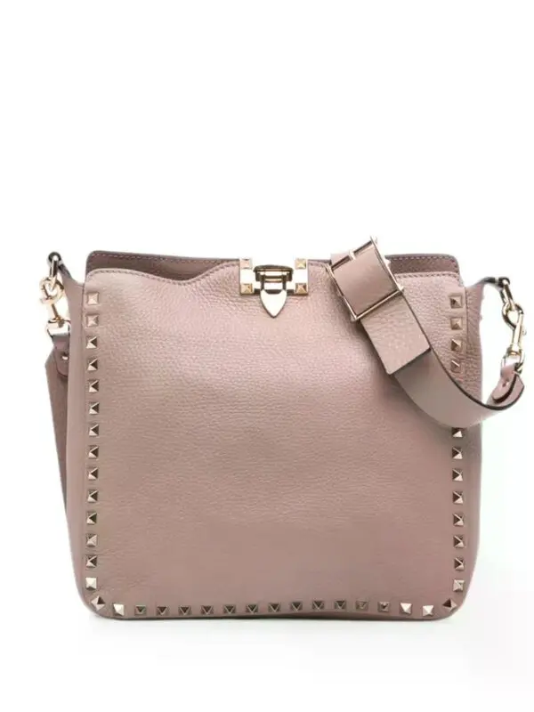 Valentino Garavani 2000-2017 Small Grainy Calfskin Rockstud Flip Lock Messenger Bag Crossbody Bag - Neutrals
