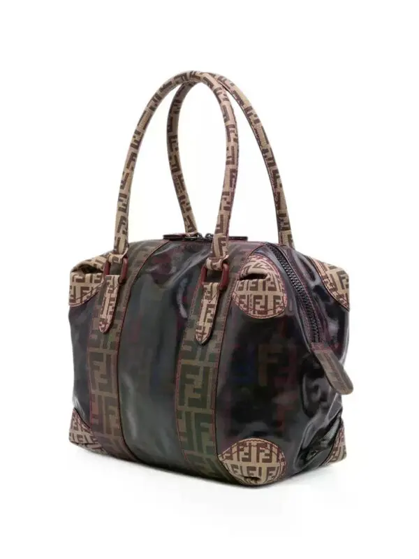 Fendi 2000-2010 Zucca Trimmed Coated Canvas Mixed Media Boston Bag - Brown