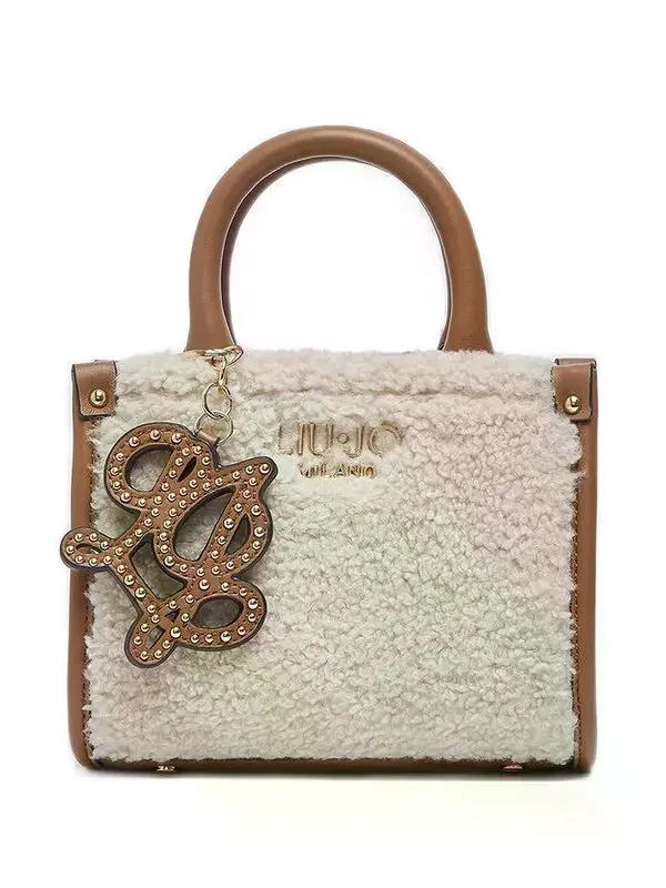 Liu Jo Faux Shearling Logo Plaque Tote Bag - Neutrals