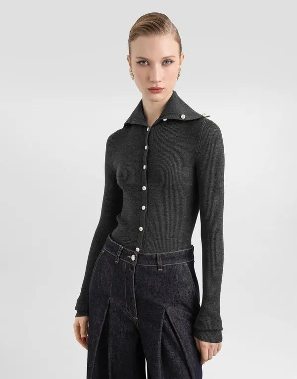 Dolce & Gabbana Ribbed Wool Cardigan Collection Gray