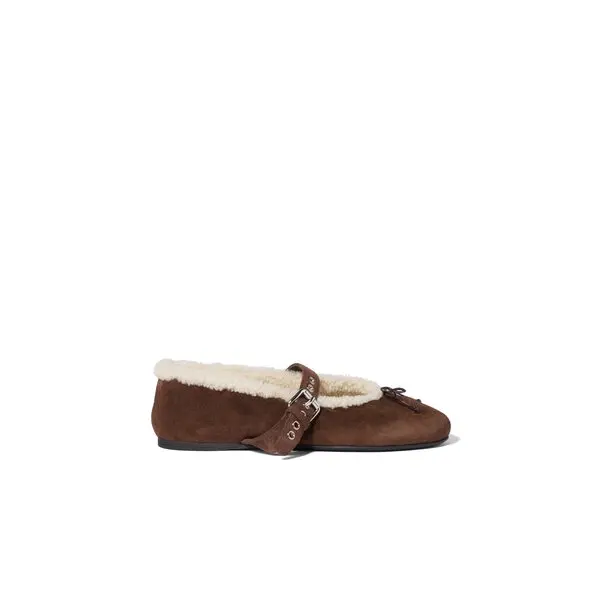 Miu Miu Suede And Shearling Ballerina Flats With Buckle Detailing - Dark Brown