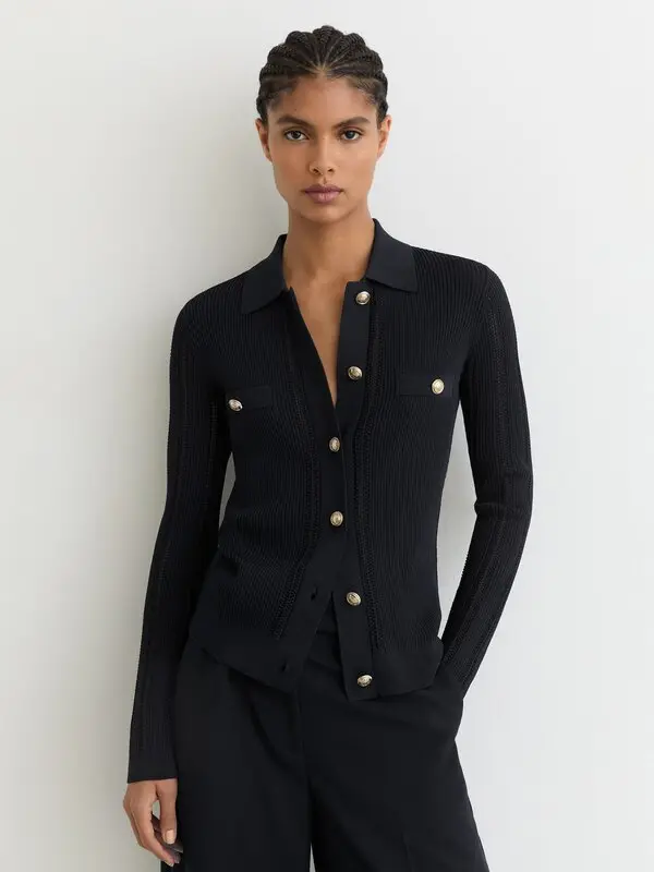 REISS Button-through Knitted Top With Collar