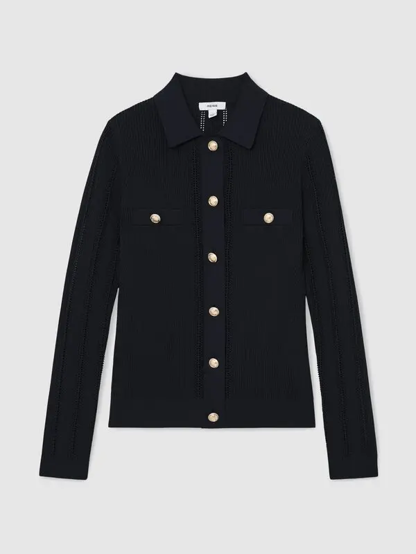 REISS Button-through Knitted Top With Collar