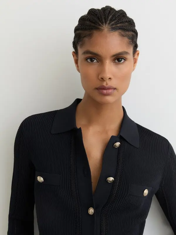 REISS Button-through Knitted Top With Collar